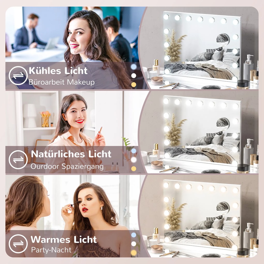 HOMCOM Hollywoodské zrcadlo s osvětlením 58x48cm 15 LED 3 světelné režimy 10x zvětšení přenosný dotykový spínač USB nabíjecí port bílý |