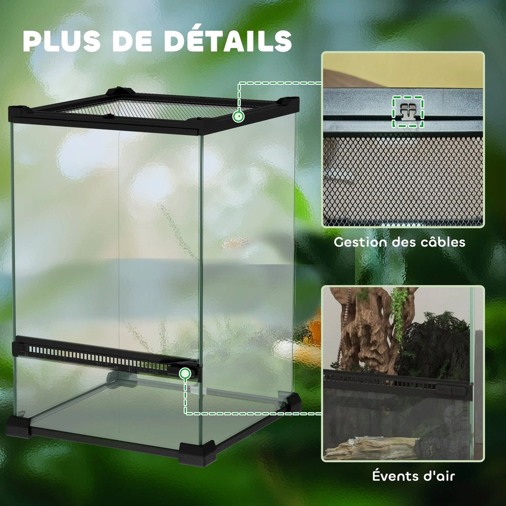 PawHut Skleněný terárium pro plazy Vivarium 12 L Box pro plazy S chladící síťovinou, pro žáby, hady, želvy, 20 x 30 cm, Černé