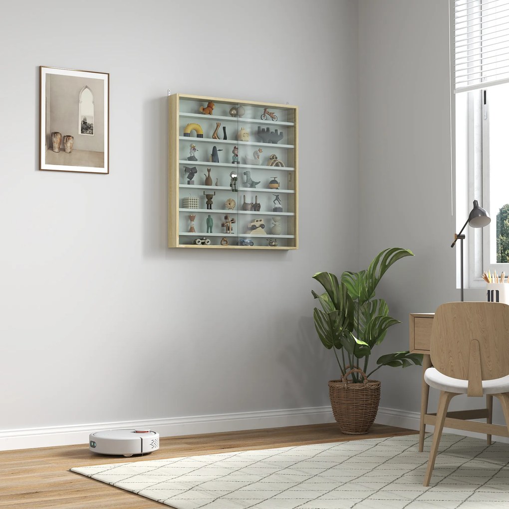 HOMCOM vitrína pro sbírky Nástěnná vitrína 80 x 9,5 x 83 cm 6 výškově nastavitelných polic 2 posuvné skleněné dveře