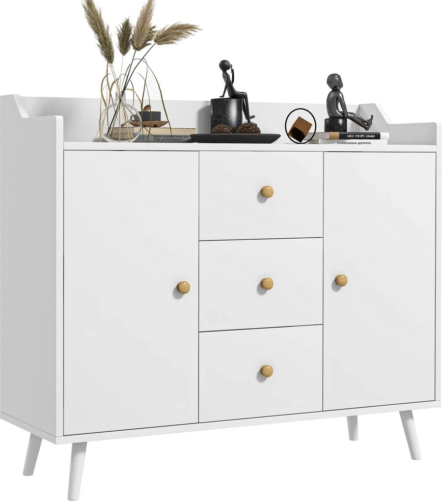 HOMCOM Moderní Komoda do Obývacího Pokoje s 2 Dveřmi a 3 Zásuvkami a Nohy z Borovicového Dřeva pro Jídelnu, Chodbu, Ložnici 90x32x80 cm Bílá | Aosom