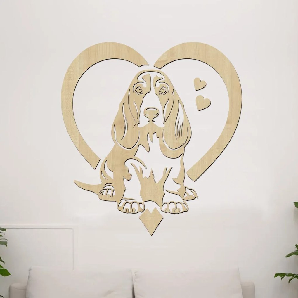 dřevo života Dřevěná samolepka Basset Hound v srdci Zvolte rozměr (cm): 75x80, Zvolte barvu dekoru: Černá