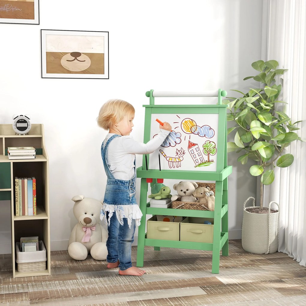 AIYAPLAY AIYPLAY Dětský easel 3v1 Magnetická oboustranná tabule s papírovým válcem a úložnými košíky 59x48x118 cm Zelená