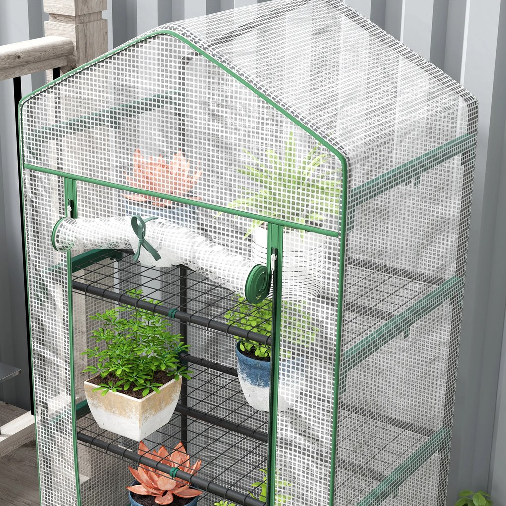 Skleník Outsunny s rolovacím dveřmi, policemi, zimní ochrannou ocelovou konstrukcí, skleník pro balkon, zahradu, dům na rajčata 69 x 49 x 193 cm, skl…