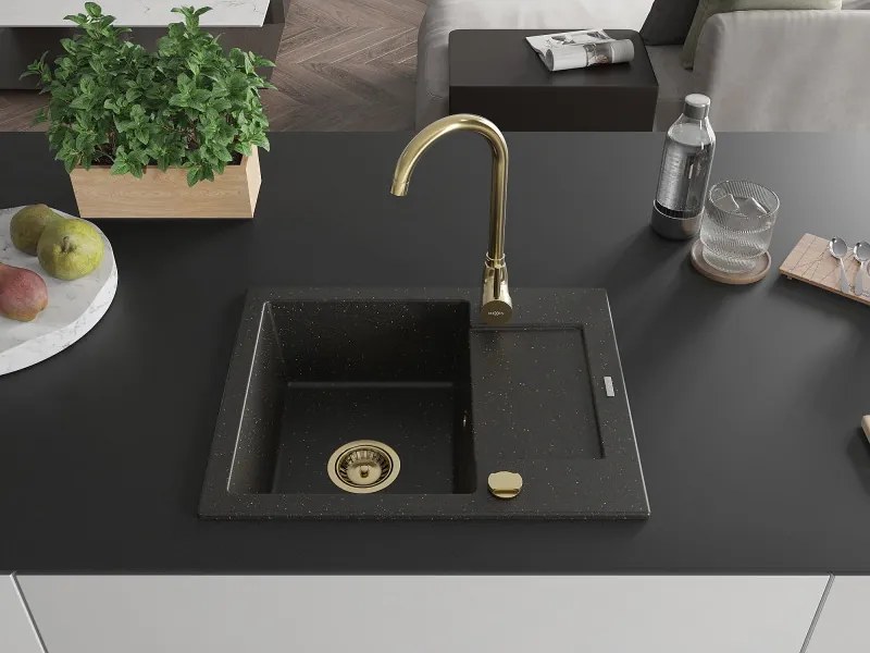 Mexen Enzo, granitový dřez 576x465x174 mm, 1-komorový, černá-zlatá metalíza se zlatým sifonem, 6506571005-75-G