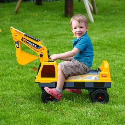 HOMCOM Dětský traktor nakladač 2-3 roky Bagr s pohyblivým ramenem a chapadlem, světelné a zvukové efekty PP žlutá
