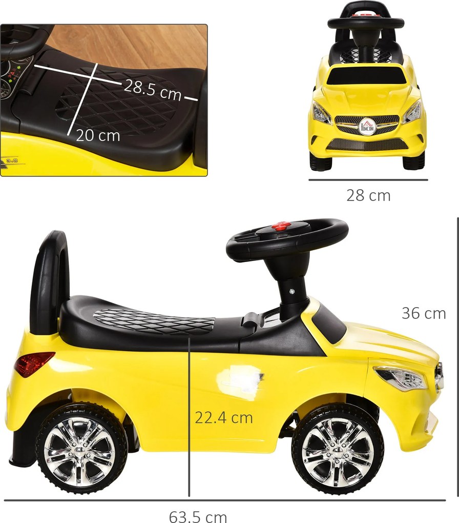 HOMCOM Dětské odrážedlo s volantem, světly a integrovanou hudbou, auto pro děti z PP a kovu, 63,5x28x36 cm, žluté