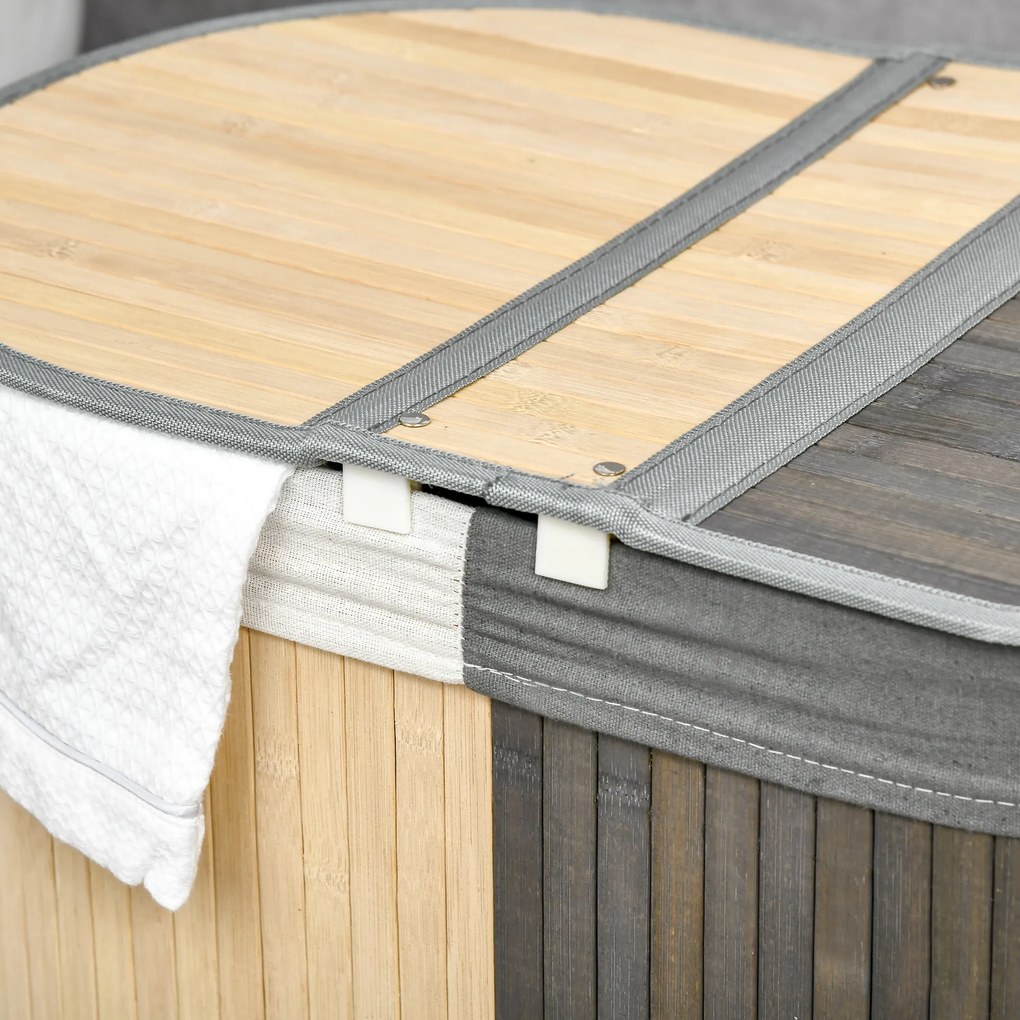 HOMCOM Koš na prádlo z bambusu s kapacitou 100L a víkem, s odnímatelným pytlem se 2 přihrádkami 62,5x37x60,5 cm Šedý a přírodní
