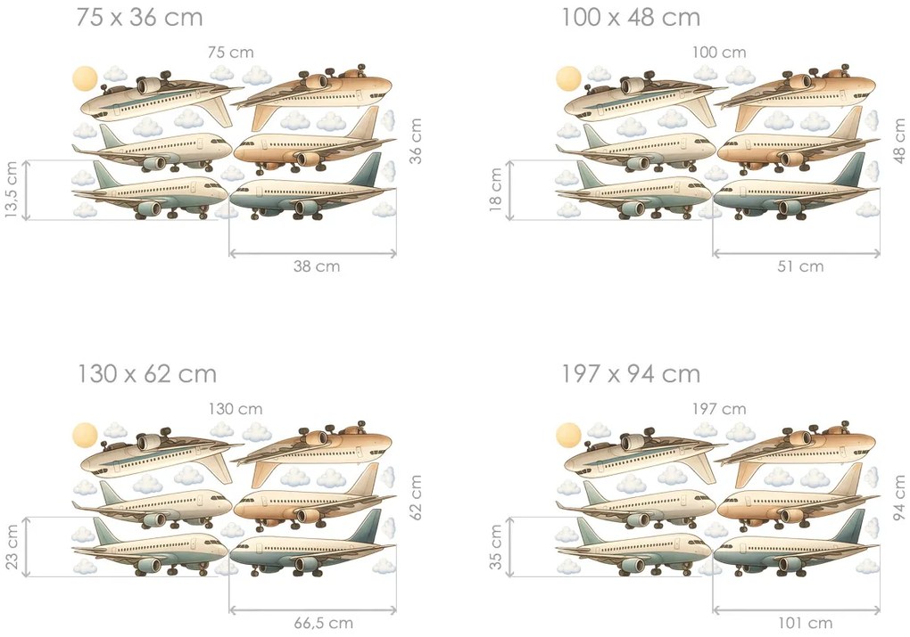 Boeingy a Airbusy textilní přelepitelné samolepky na zeď arch 100 x 48 cm