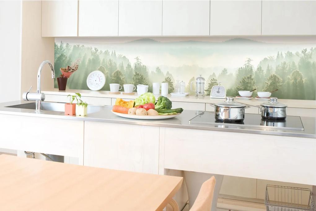DIMEX | Fototapeta do kuchyně Sluneční paprsky nad lesem KI-350-196 | 350 x 60 cm | zelená, bílá, krémová