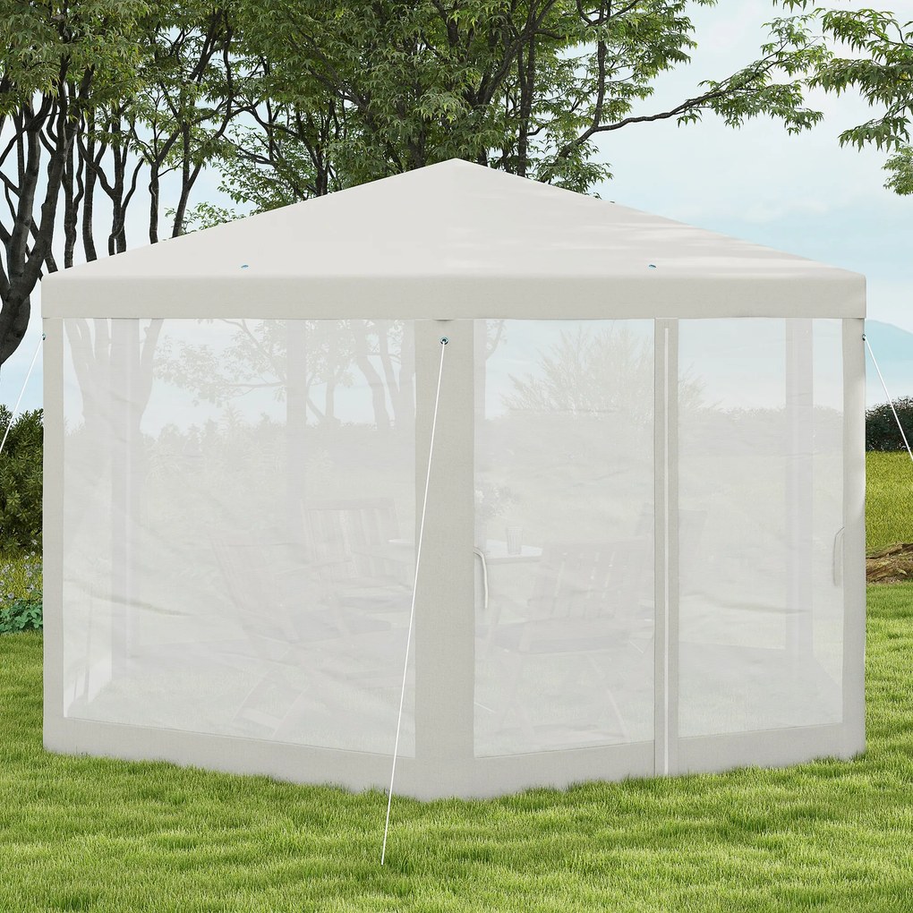 Outsunny Pavilon 4x3m Hexagonální Voděodolný Stabilní Zimní Pavilon s Moskytiérou a 6 Bočními Panely pro Zahradní Akce, Krémová