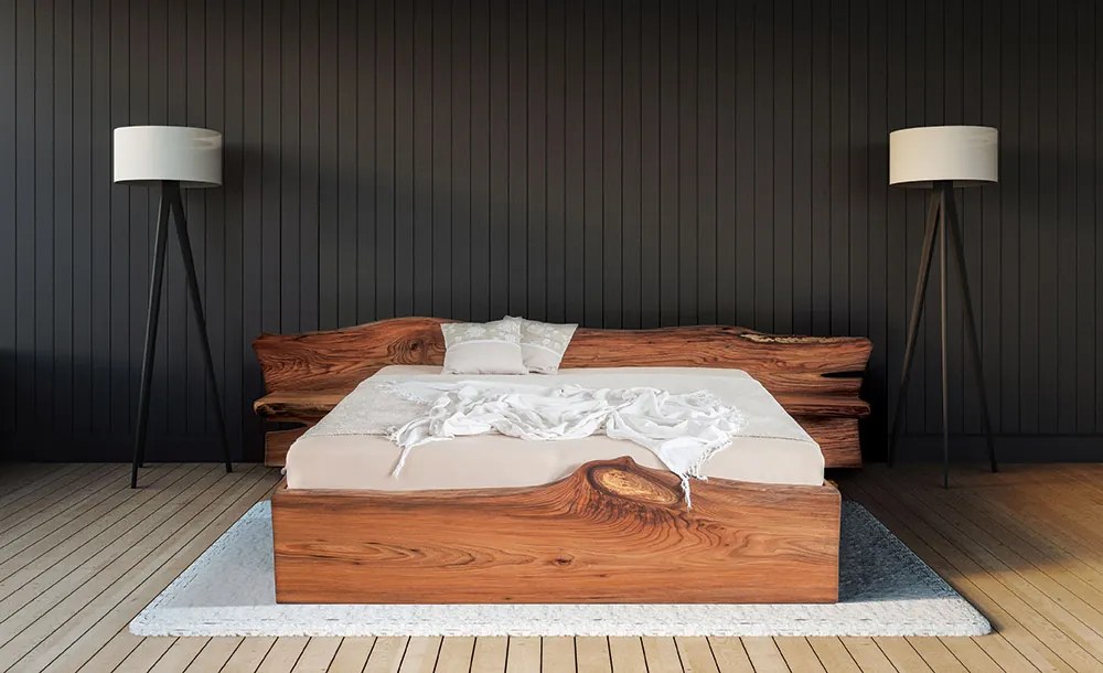 Masivní designová postel ELBA s úložným prostorem z jilmového dřeva