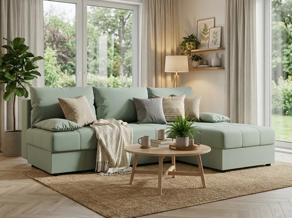 Rozkládací oboustranná sedací souprava do L VENORIA SLIM 200x143 cm, světle zelená + 2 polštářky ZDARMA