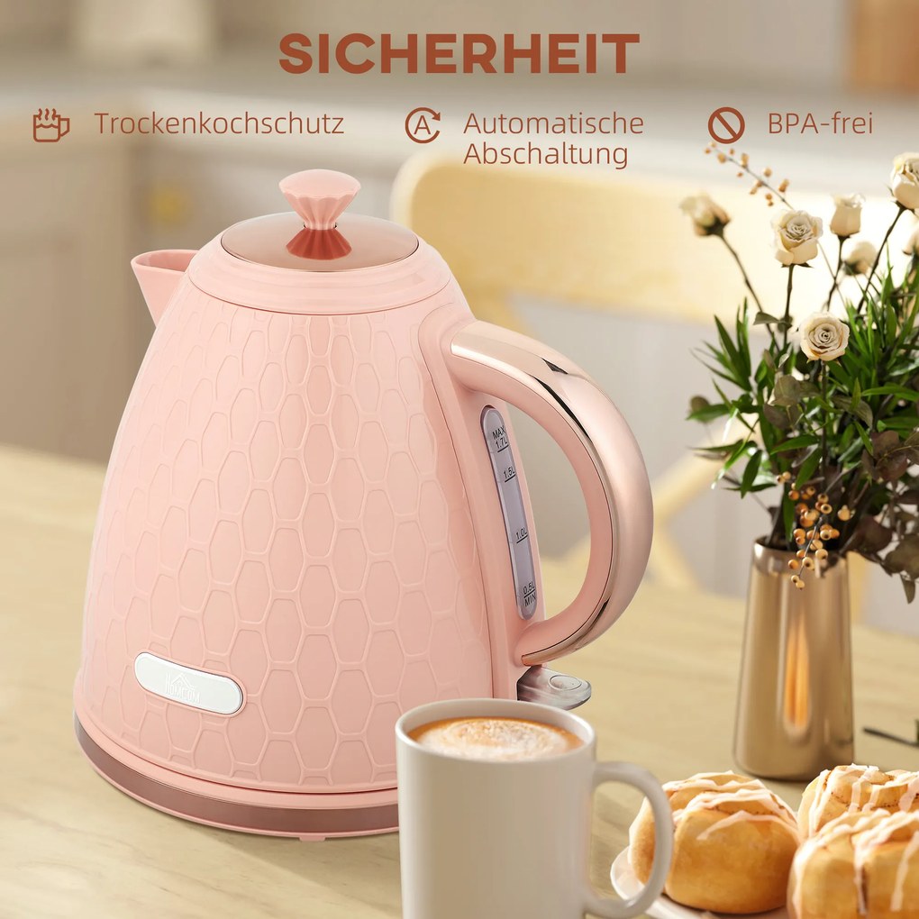 HOMCOM Rychlovarná konvice, 2200 W, průhledné okénko, filtr, rychlovarná, světle růžová