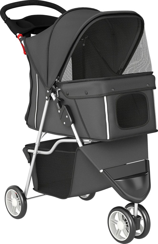 PawHut skládací kočárek pro malé psy s úložným košem, síťovými okny a držákem na nápoj — nosnost 10 kg, 77 × 44 × 102 cm, tmavě šedý