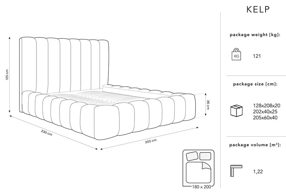 Světle šedá čalouněná dvoulůžková postel s úložným prostorem s roštem 180x200 cm Kelp – Micadoni Home