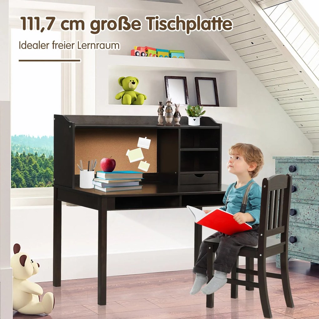 Costway Dětský psací stůl s nástěnkou, dětský s židlí, pro mládež s hnědým