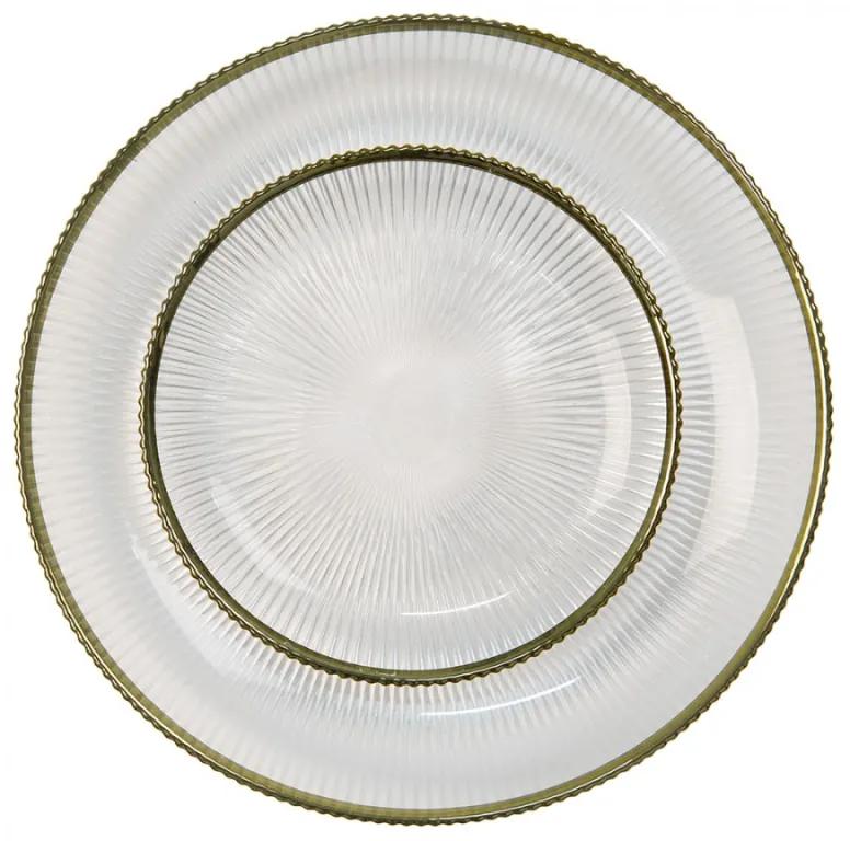 Skleněný dezertní žebrovaný talíř se zlatou linkou Arenda – 20x2 cm