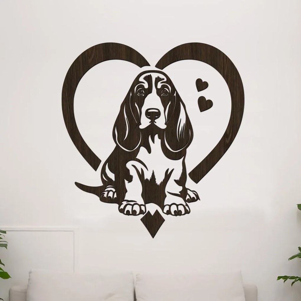 dřevo života Dřevěná samolepka Basset Hound v srdci Zvolte rozměr (cm): 75x80, Zvolte barvu dekoru: Ořech