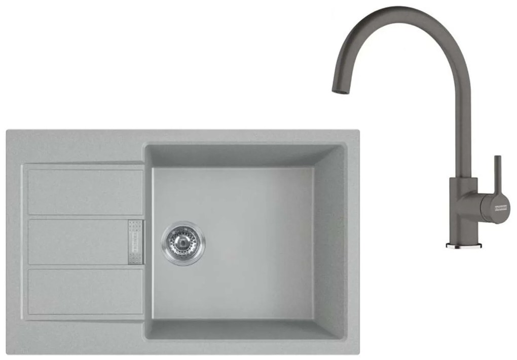 Franke - Kuchyňský set T124Š, tectonitový dřez S2D 611-78 XL a baterie FC 6018.084, šedá/šedý kámen 143.0687.403