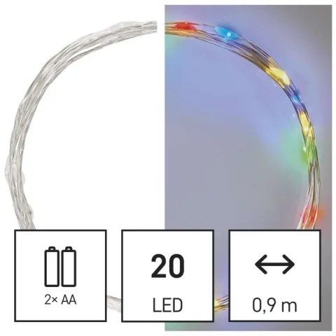 Vánoční osvětlení EMOS D3AM04 ZY1951 20LED nano řetěz stříbrný 1,9m 2xAA multicolor s časovačem