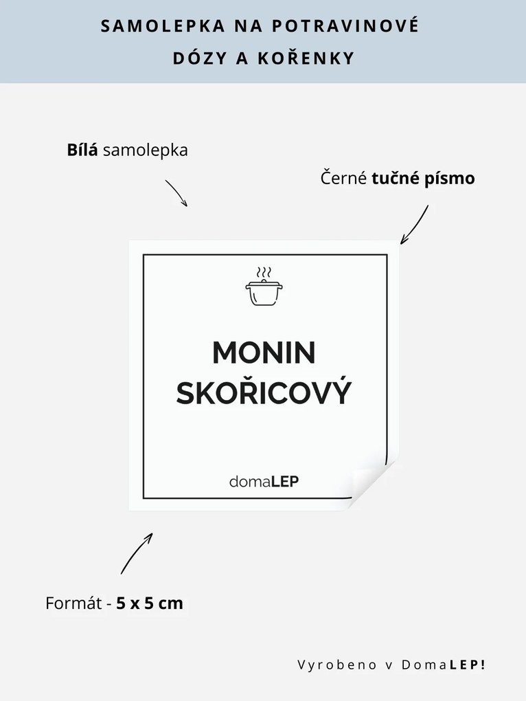 Samolepka na láhev MONIN SKOŘICOVÝ 5 x 5 cm – bílá vinylová, voděodolná, omyvatelná samolepka na dózy, tučné písmo