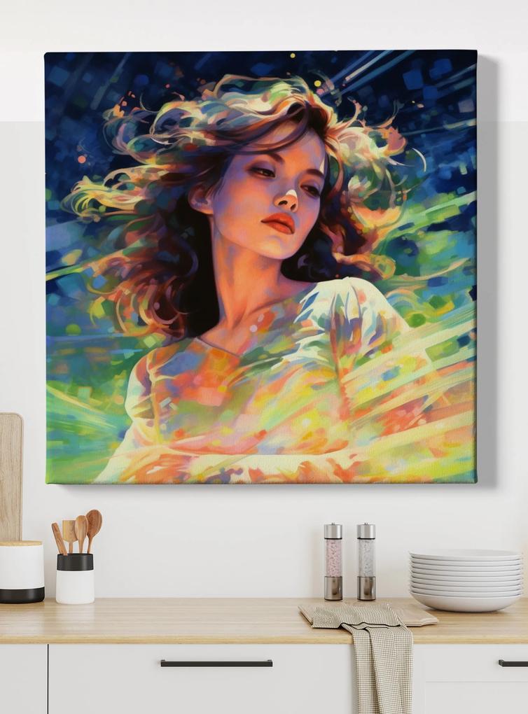 Obraz na plátně - Zamyšlená žena s abstraktním pozadím FeelHappy.cz Velikost obrazu: 100 x 100 cm