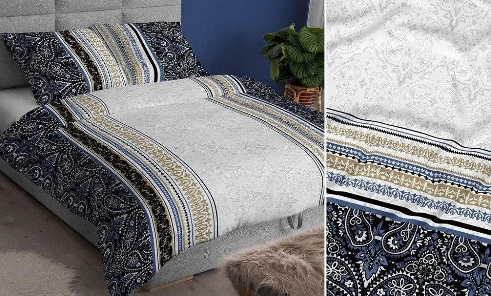 Saténové povlečení 160x200 tmavě modré šedé ornamenty na zip 3907 A KARO Satin