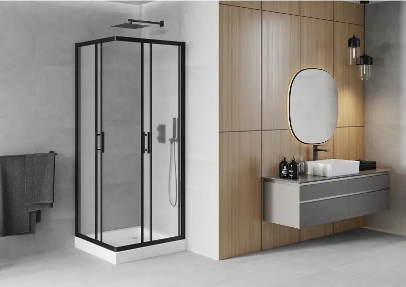 Mexen Rio, čtvercový sprchový kout s posuvnými dveřmi 70 (dveře) x 70 (dveře) x 190 cm, 5mm sklo námraza, černý profil + bílá sprchová vanička RIO, 860-070-070-70-30-4510