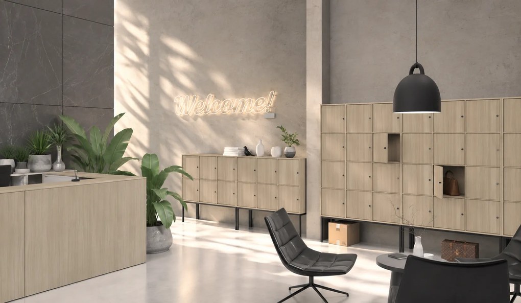 Kancelářská skříň FRAME, nízká, 6x dveře, 1299 x 450 x 881 mm, cylindrický zámek, dub přírodní