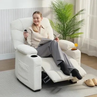 HOMCOM elektrické relaxační křeslo, sklopné, USB připojení, opěrka nohou, držák na nápoje, 94 x 90 x 105 cm, krémová