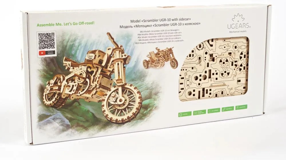 Ugears 3D dřevěné mechanické puzzle UGR-10 Motorka (scrambler) s vozíkem
