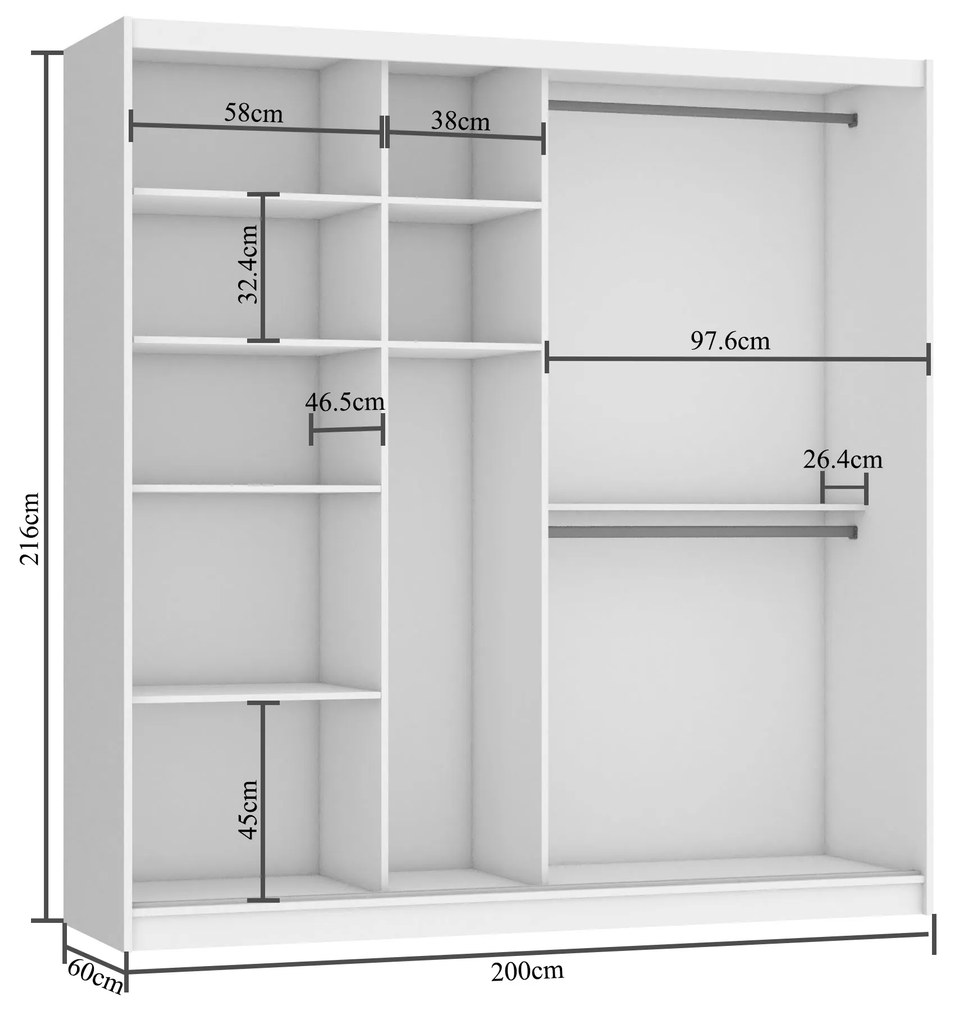 Šatní skříň 200 cm Belini bílý mat / perla lesk s posuvnými dveřmi a zrcadlem  MG SZP1/2/W/1L5P/HI