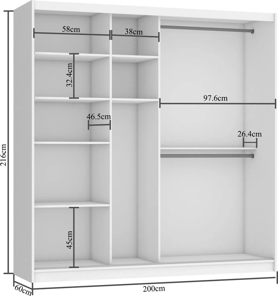 Šatní skříň 200 cm Belini bílý mat s posuvnými dveřmi a zrcadlem  MSE SZP1/2/W/1W1L/AL