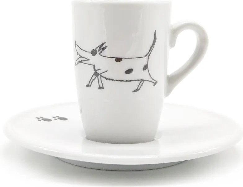 Porcelánový espresso šálek Běžící pes s podšálkem, 130 ml – ručně kreslená perokresba