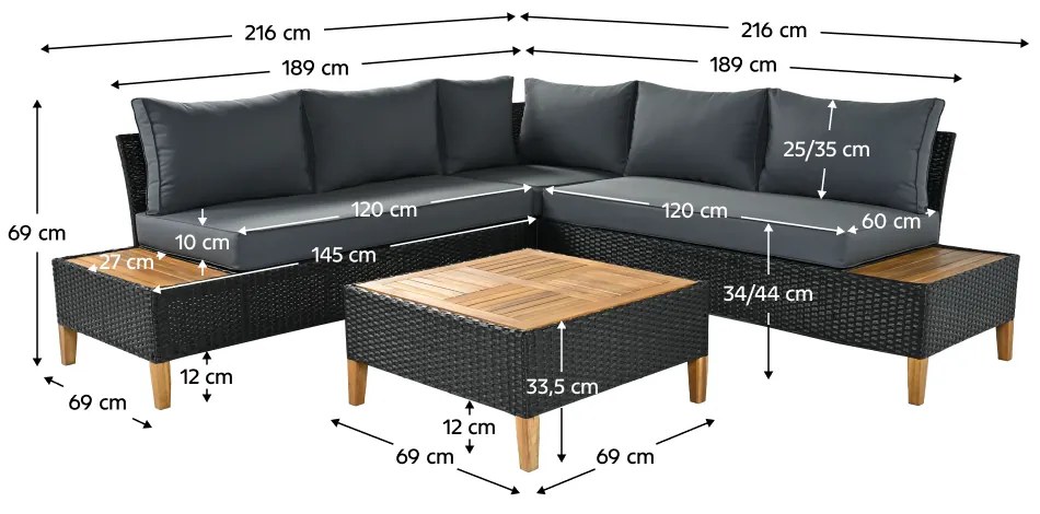 Kondela Zahradní ratanový set, akáciové dřevo, černá/šedá/přírodní, MALKOM