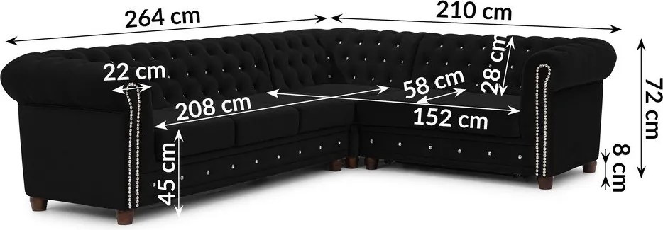 Černá sametová rozkládací rohová pohovka (pravý roh/do L) York Blik – Ropez
