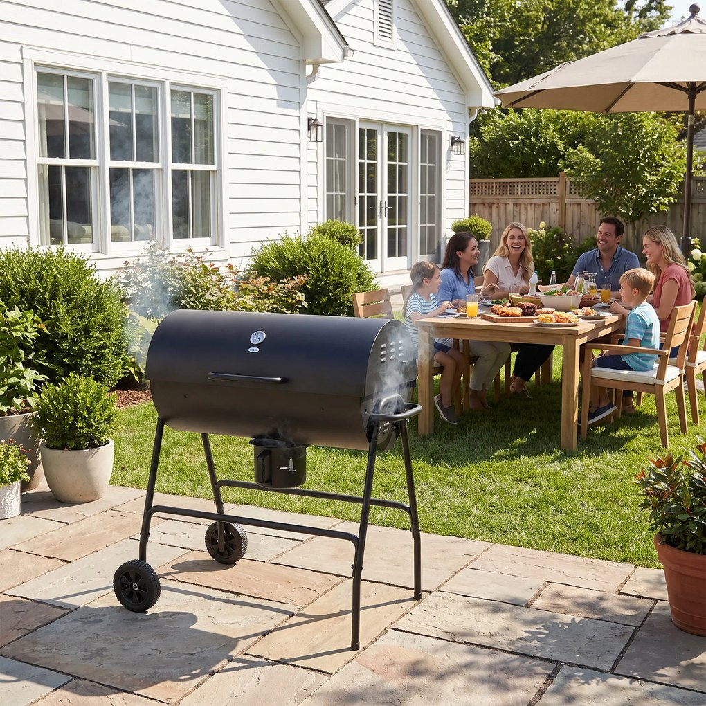Outsunny Kovový gril na dřevěné uhlí BBQ udírna s víkem Teploměr Kolečka Grilovací vozík 95x71,5x102 cm Černá barva