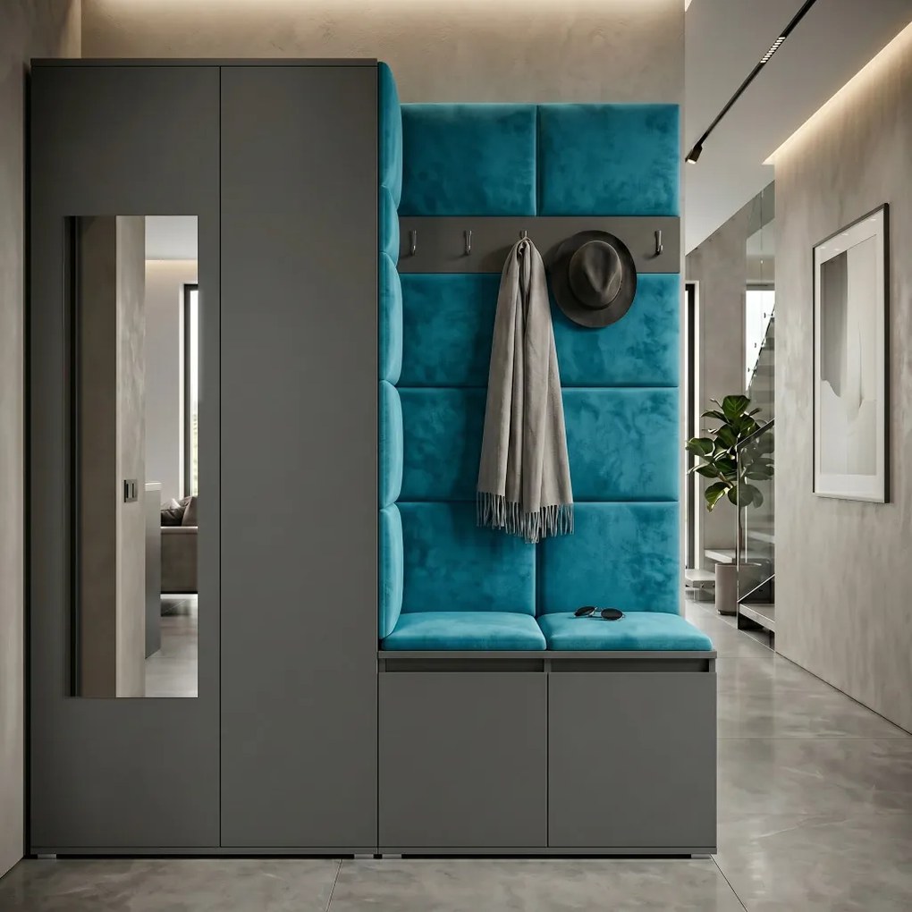 Předsíňová stěna Trinity 8 s čalouněnými panely, 190 cm, grafit/ azurová