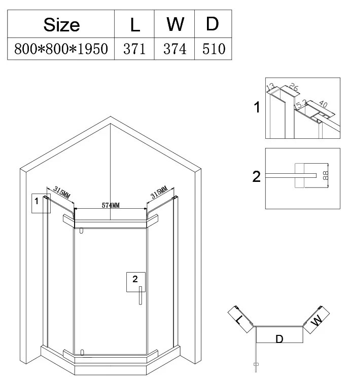 BPS-koupelny Pětiúhelníkový sprchový kout HYD-PK91A 80x80 cm chrom/transparent + vanička HYD-PSV-SXL07A černá