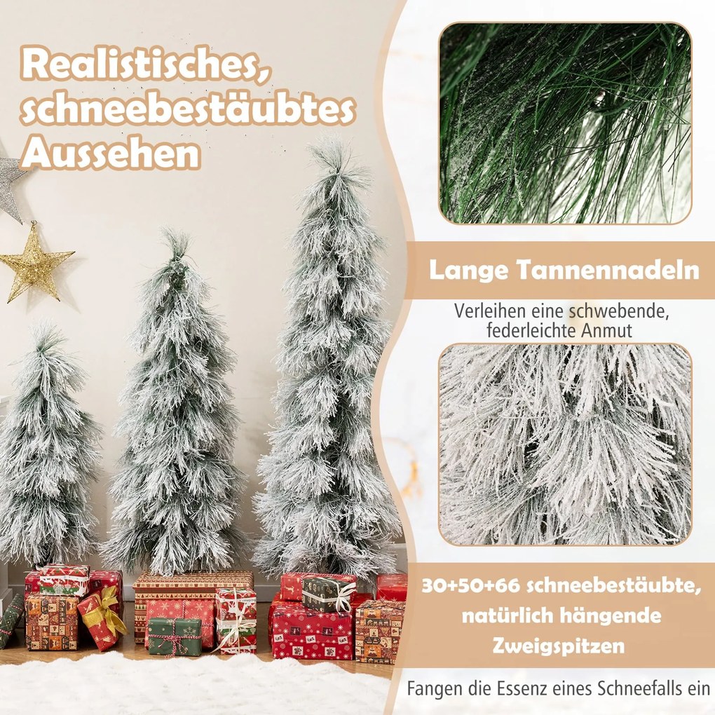 Costway Sada 3 umělých vánočních stromků 90 cm 120 cm 150 cm s osvětlením sněhem