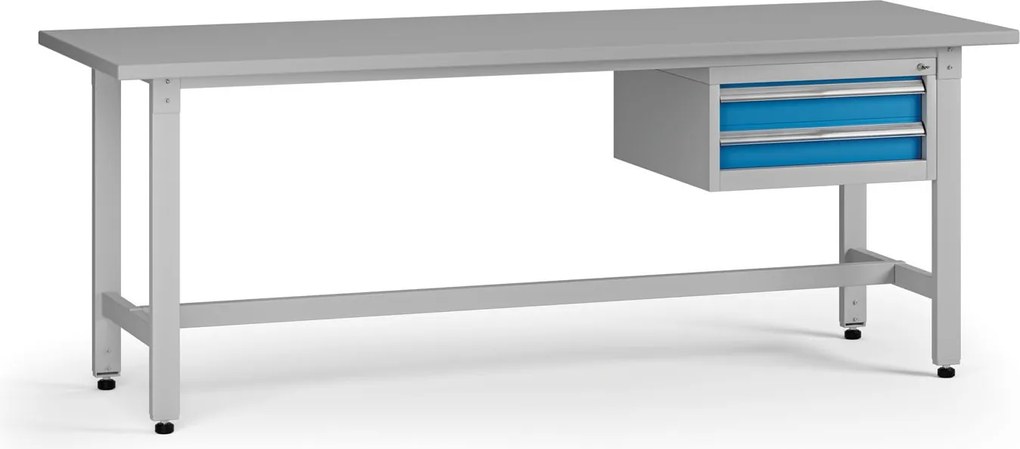 Výškově nastavitelný dílenský stůl G5, 2100 x 750 x 800-1000 mm, 1x kontejner, 2 zásuvky, modrá
