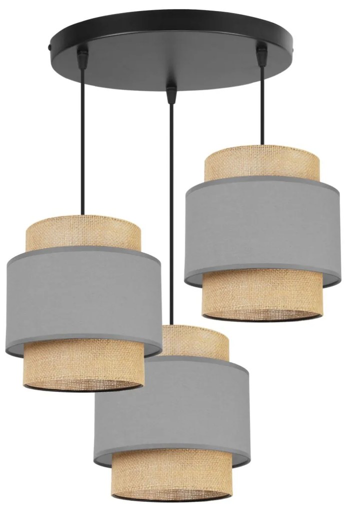 Závěsné svítidlo Boho, 3x jutové/šedé textilní stínítko, o