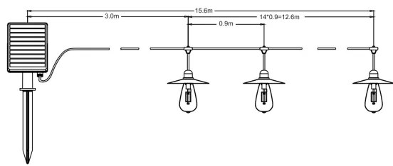 LED Solární řetěz 15xLED/0,2W/3,7V 15,6 m 3000K IP44 2400 mAh