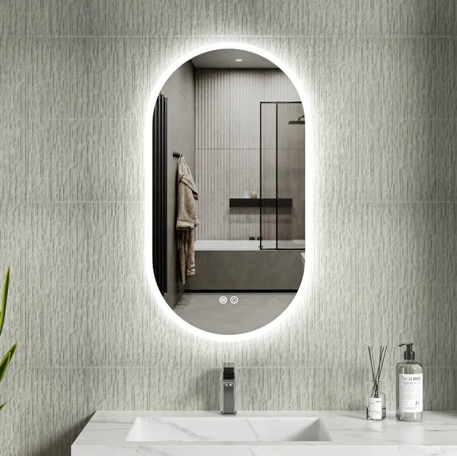 Erga Demi, oválné LED zrcadlo 50x90cm, 3 barvy světla, přední osvětlení, topná podložka proti zapaření, ERG-V01-DEMI-5090-CL