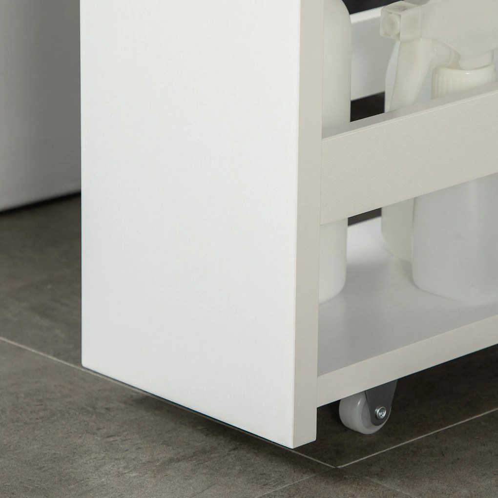 Kleankin 3-patrový úzký koupelnový regál se bočním madlem a kolečky pro kuchyň a obývací pokoj, moderní styl 48x15x80 cm Bílý