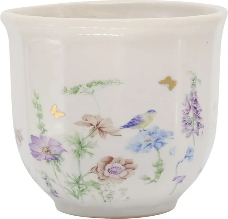 Krémový antik keramický kvetináč s květy Papillon Blossom - Ø 12*10 cm
