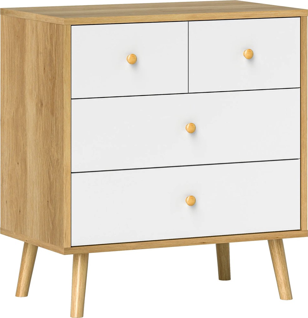 HOMCOM Komoda se 4 šuplíky pro ložnici s dřevěnými úchyty, úzká komoda do obývacího pokoje a chodby 60x35x65 cm dub a bílá | Aosom