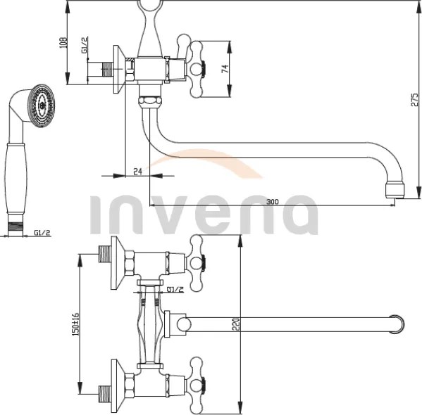 Invena Roma, vanová baterie s prodlouženou výlevkou 300mm as ruční sprchovou sadou, chromová, INV-BW-24-00S-L