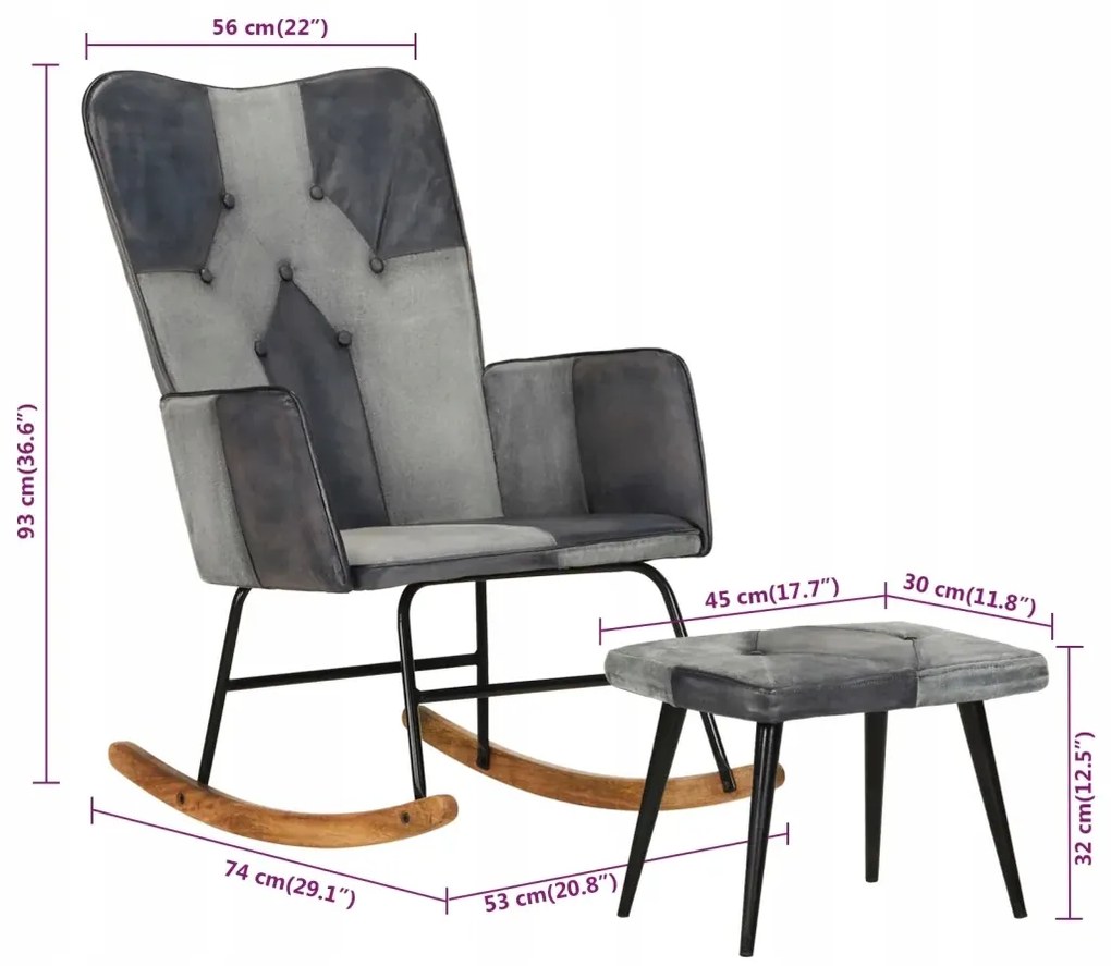 Houpací křeslo s podnožkou - šedá, přírodní kůže