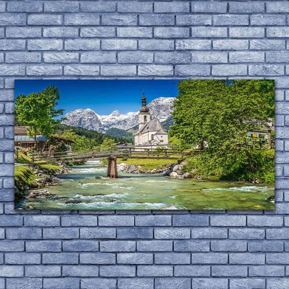 akrylový obraz Kostel Most Jezero Příroda 120x60 cm